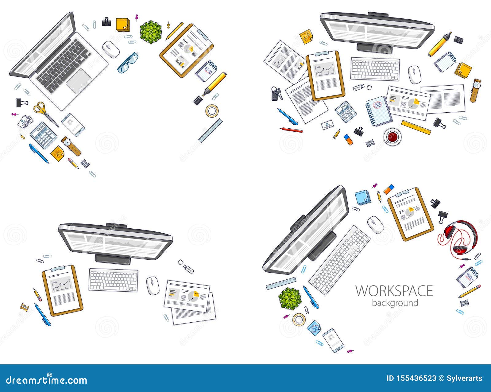 Office Desks Workspaces Top View with PC and Laptops and Diverse ...
