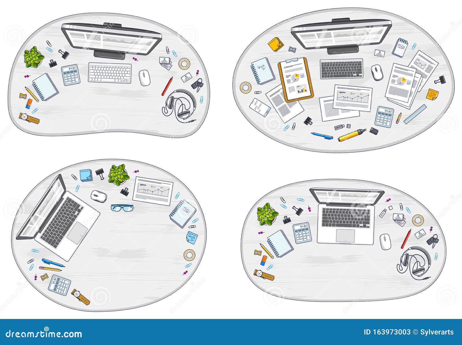 Office Desks Workspaces Top View with PC and Laptops and Diverse ...