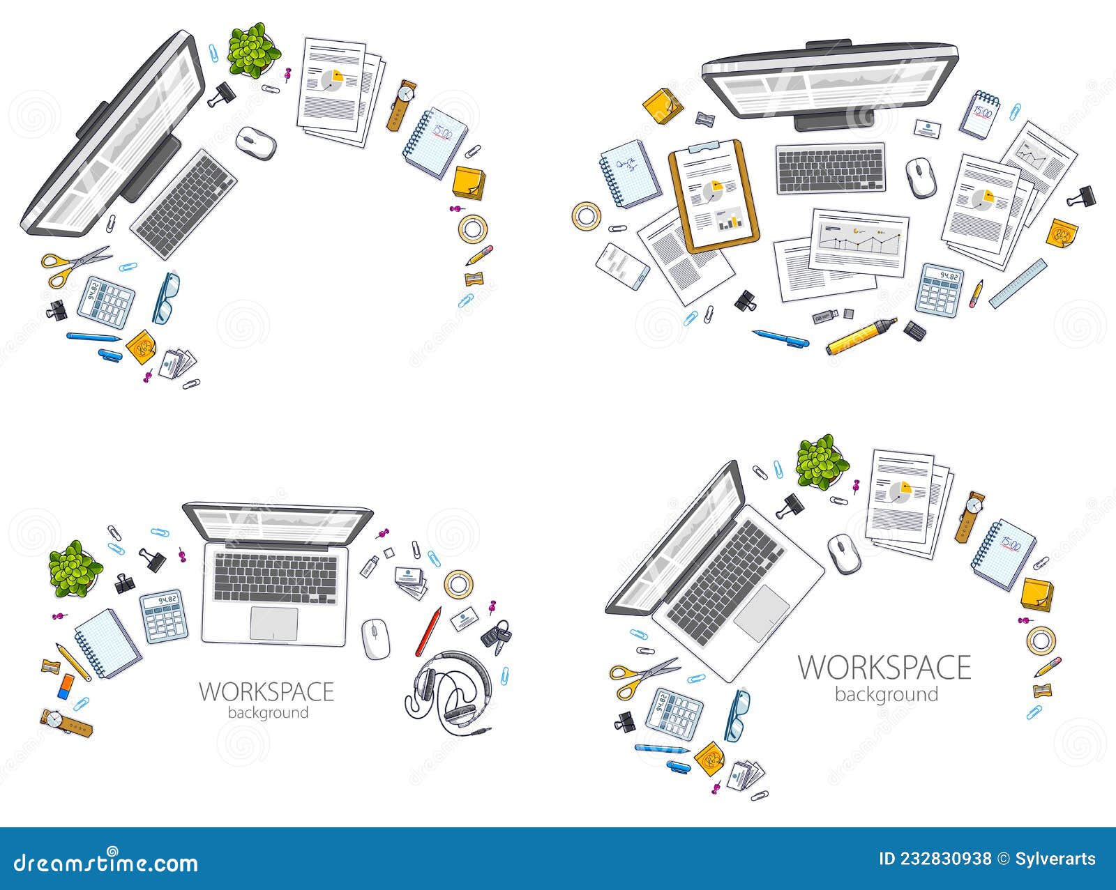 Office Desks Workspaces Top View with PC and Laptops and Diverse ...