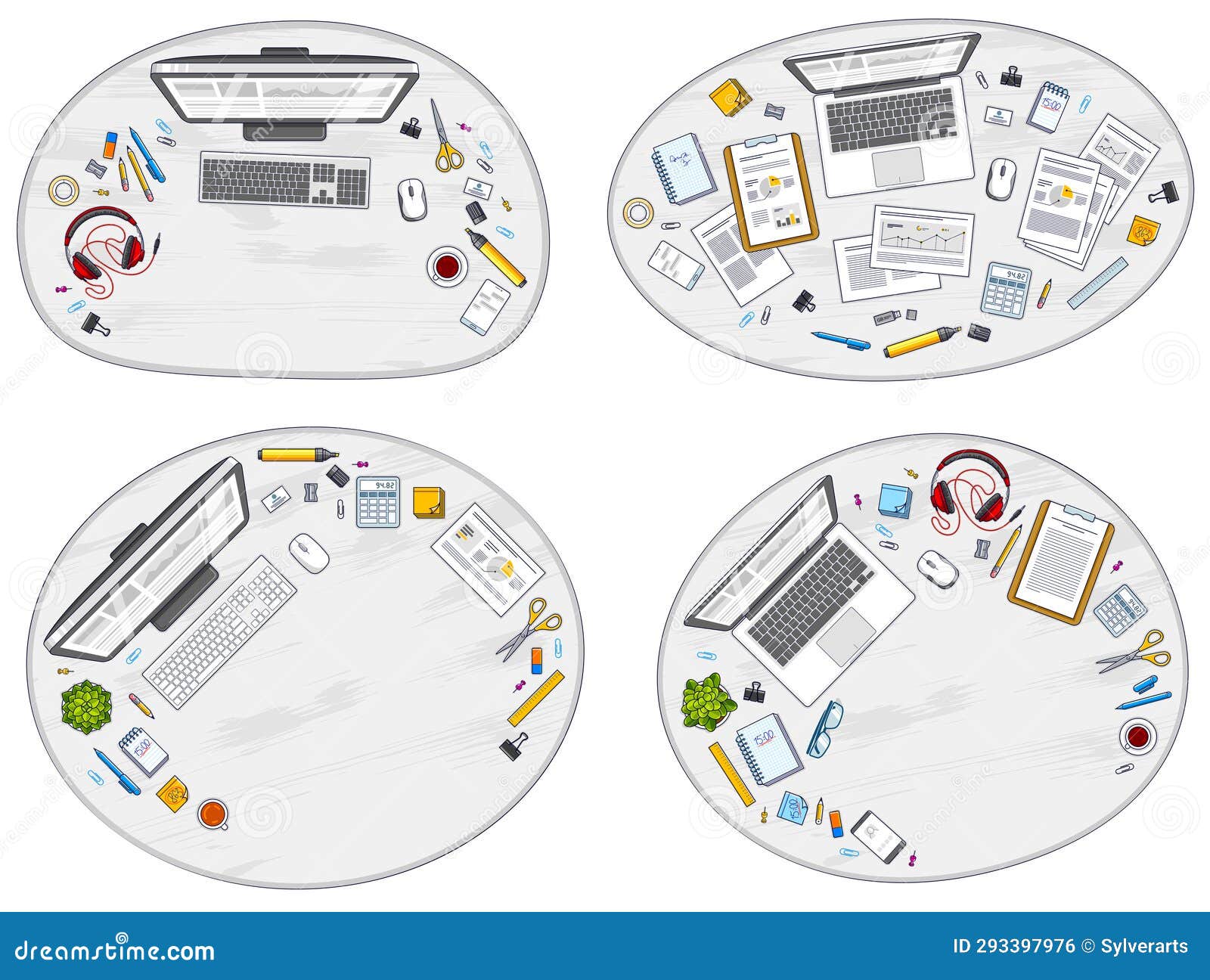 Office Desks Workspaces Top View With PC And Laptops And Diverse ...