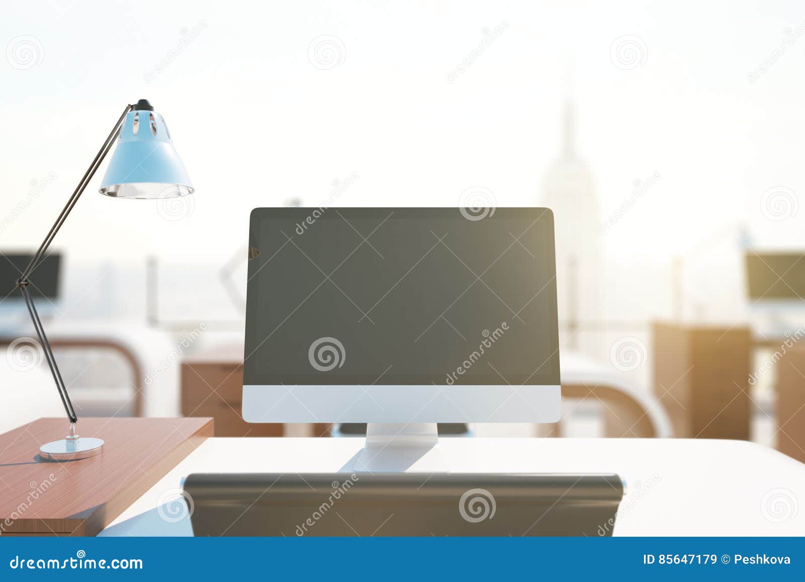 Office Desktop with Computer Stock Illustration - Illustration of data ...