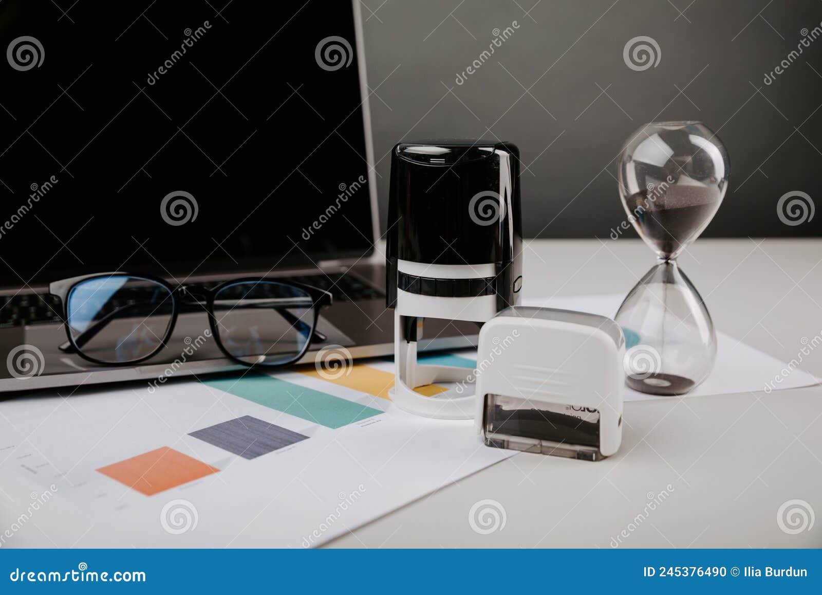 Office Desktop with Documents, Laptop and Stamp Stock Photo - Image of ...