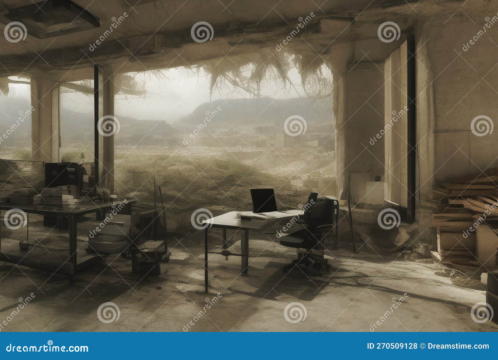 Office with Destroyed Inventory and a Window Overlooking a Colorless ...