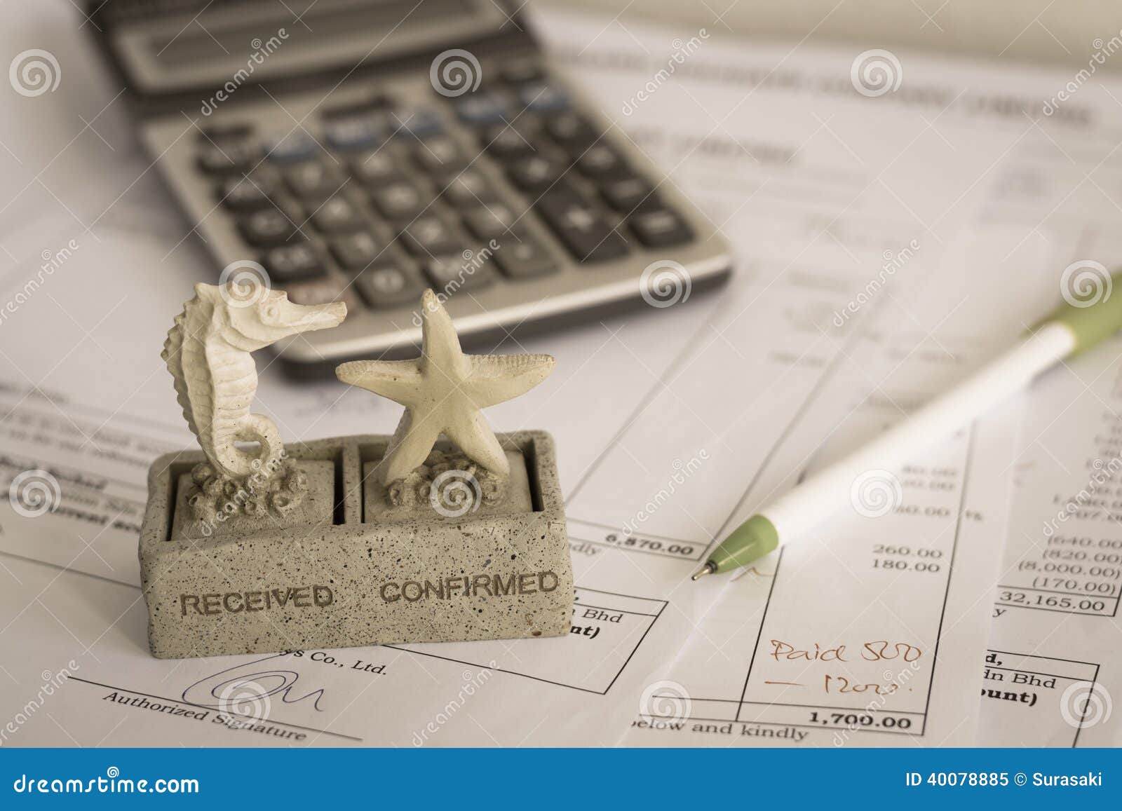 Office Document with Rubber Stamp, Pen and Calculator Stock Image ...