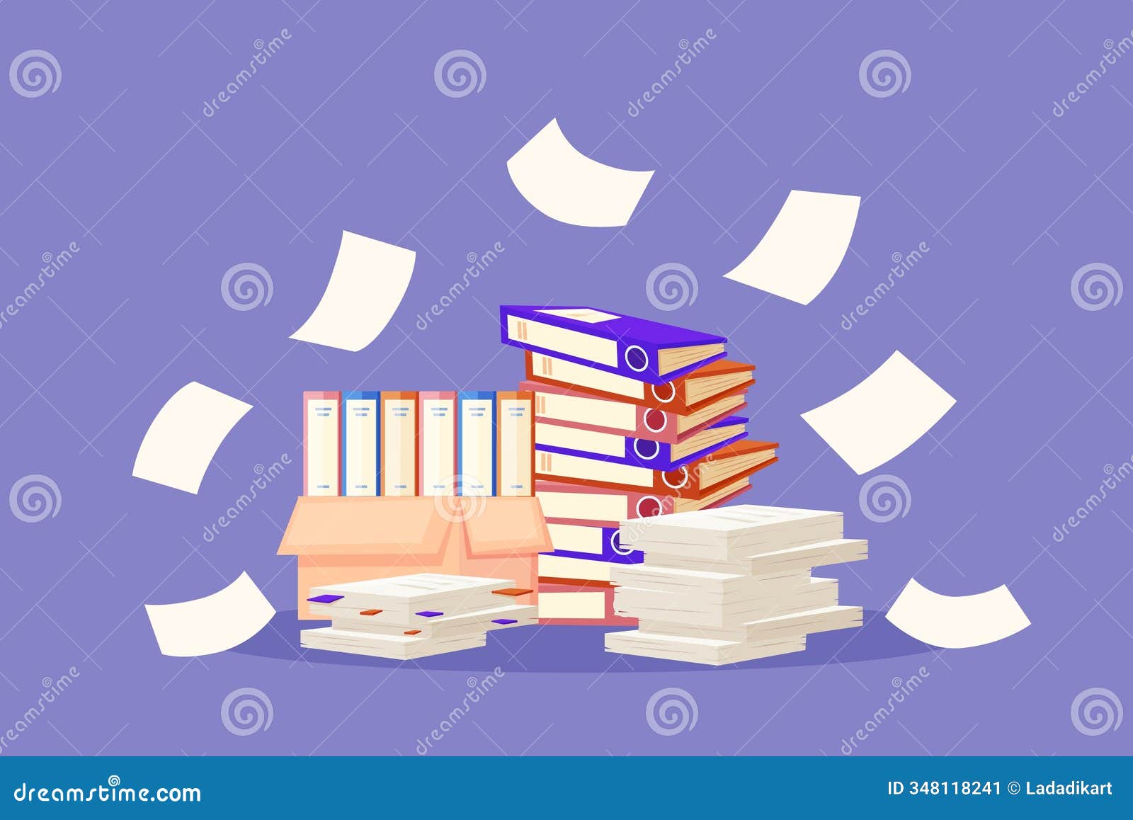 Office Documents Pile. Flying White Sheets, Folders Stack and Box with ...