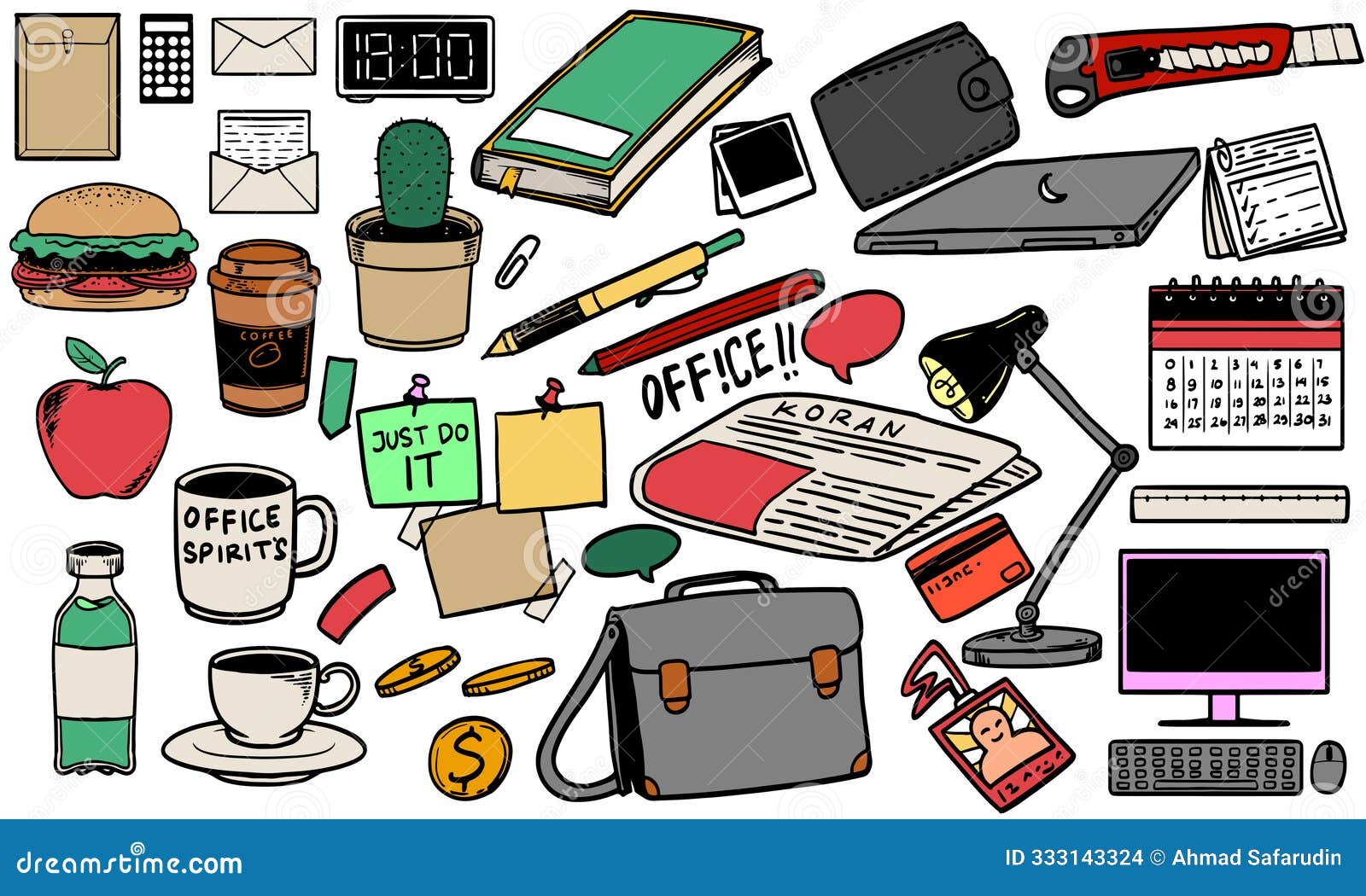 Office Doodle Colorful Set Drawing. Hand Drawn Stationery Vector ...