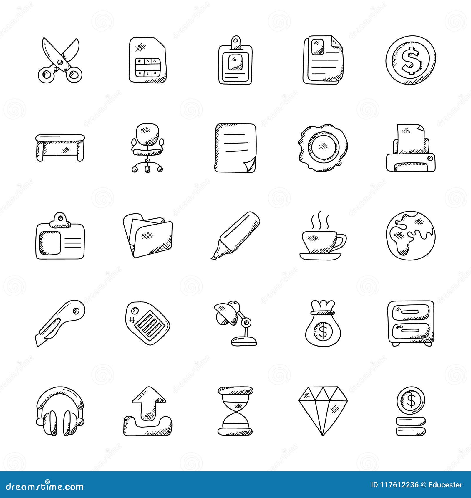 Office Doodle Icons Set stock illustration. Illustration of coin ...