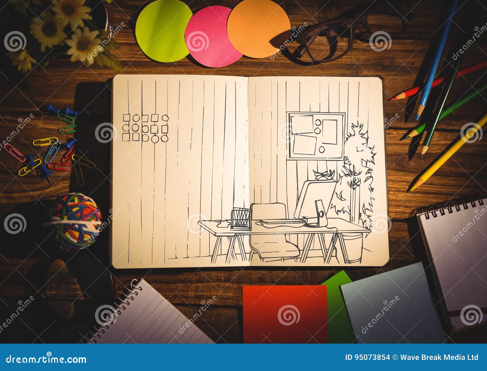 Office Doodle on Notepad Surrounded by Stationary Stock Illustration ...