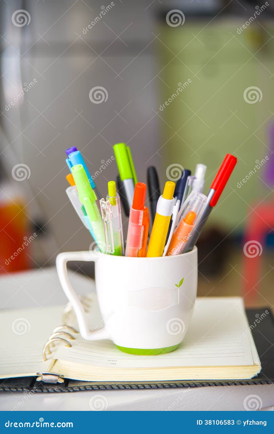 Office Elements Colorful Pens and Notebook Stock Image - Image of ...