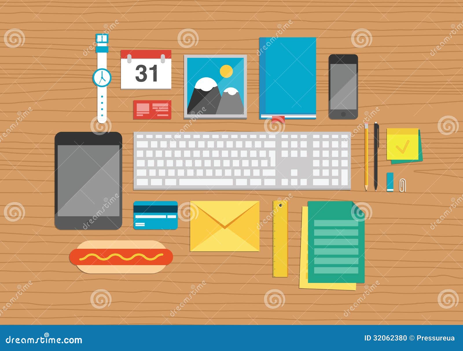 Office Elements on Desktop Illustration Stock Vector - Illustration of ...