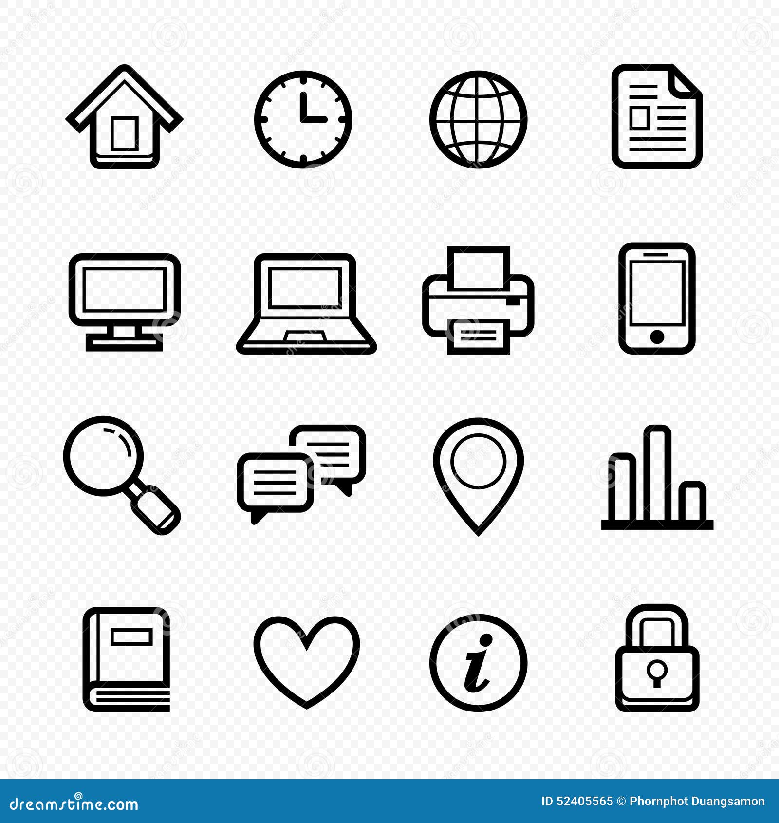 Office Elements Symbol Line Icon Set on White Background - Vector ...