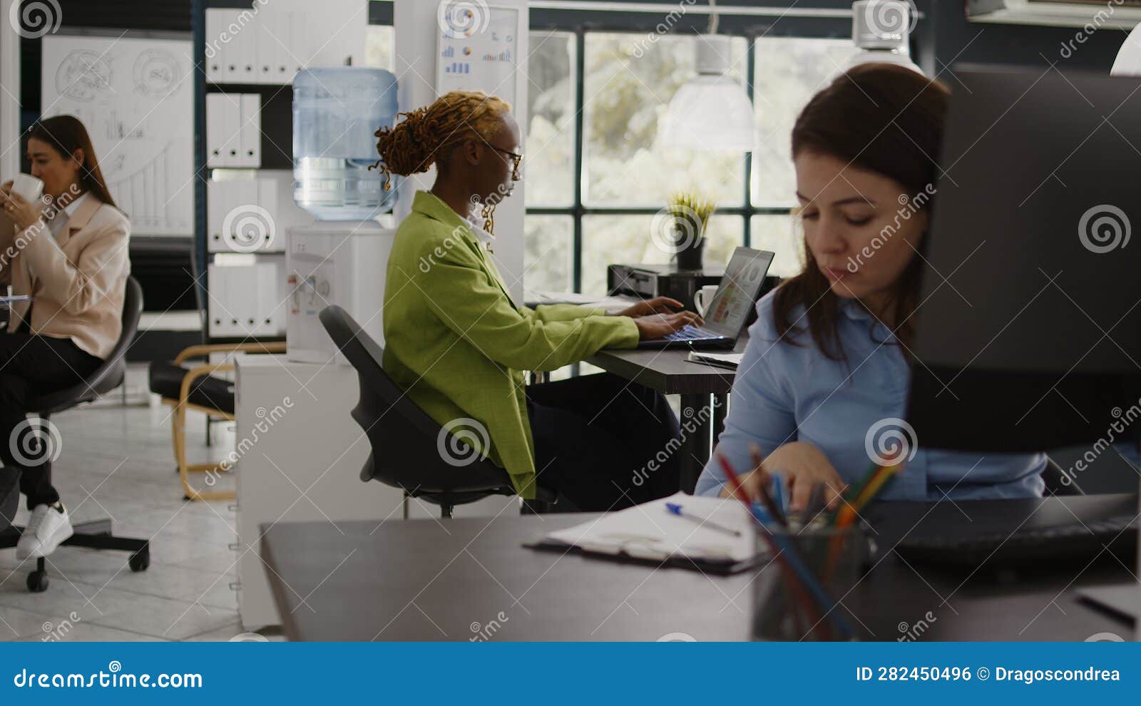 Office Employee Reading Annual Data Report on Screen Stock Photo ...