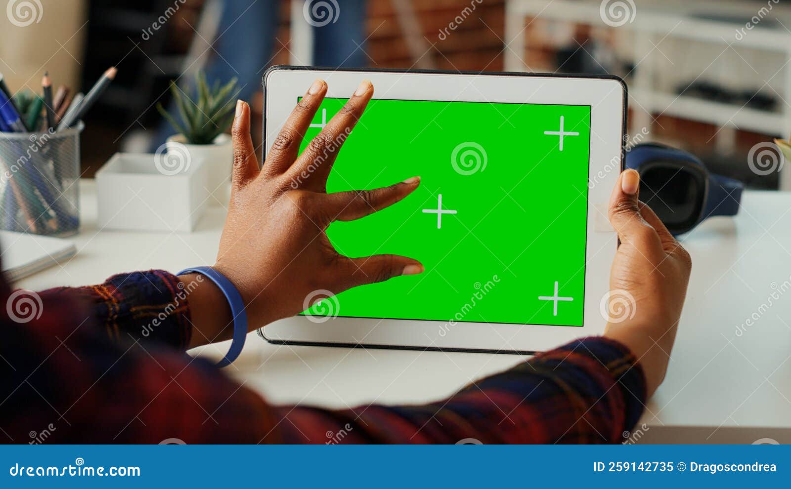 Office Employee Using Horizontal Greenscreen on Wireless Device Stock ...
