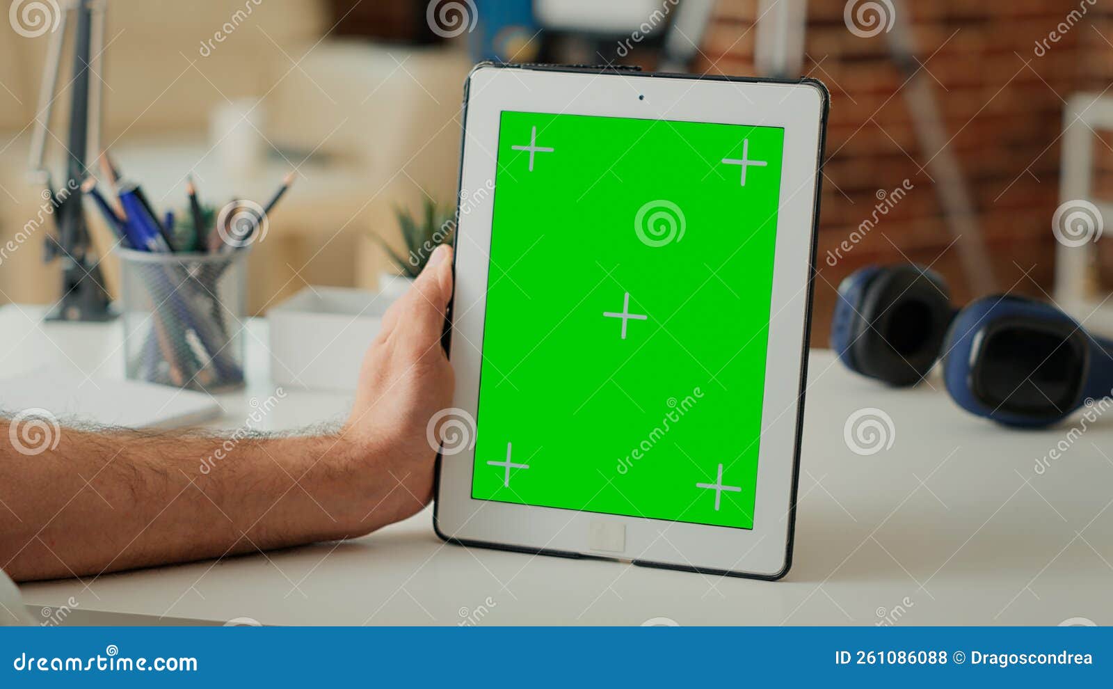 Office Employee Vertically Holding Gadget with Greenscreen Display ...