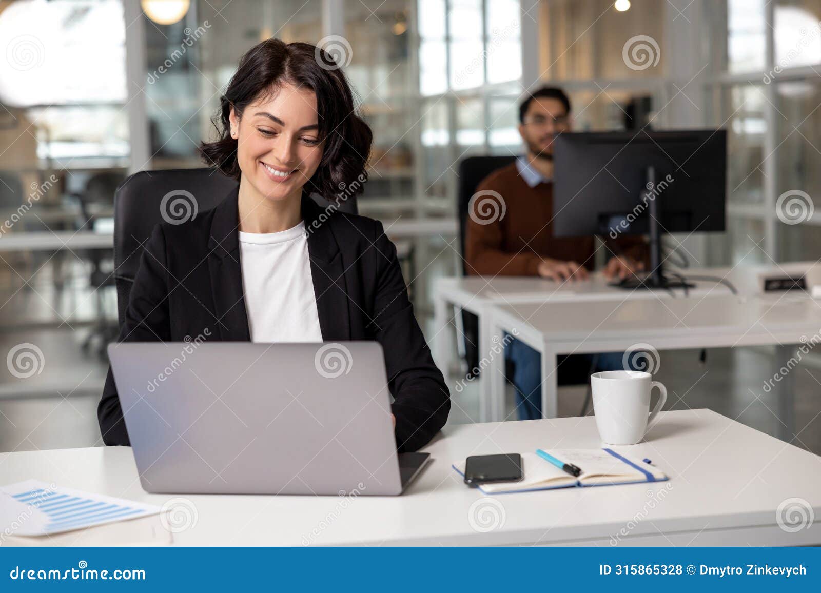 Office Employee Working on Computer in Modern Coworking Environment ...