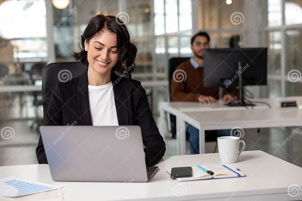 Office Employee Working on Computer in Modern Coworking Environment ...