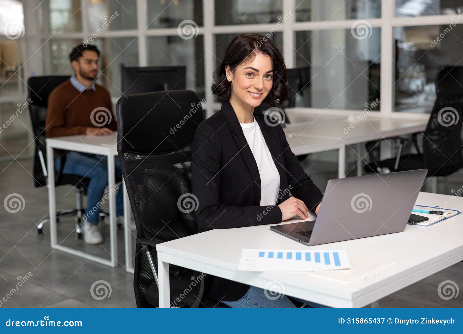 Office Employee Working on Computer in Modern Coworking Environment ...