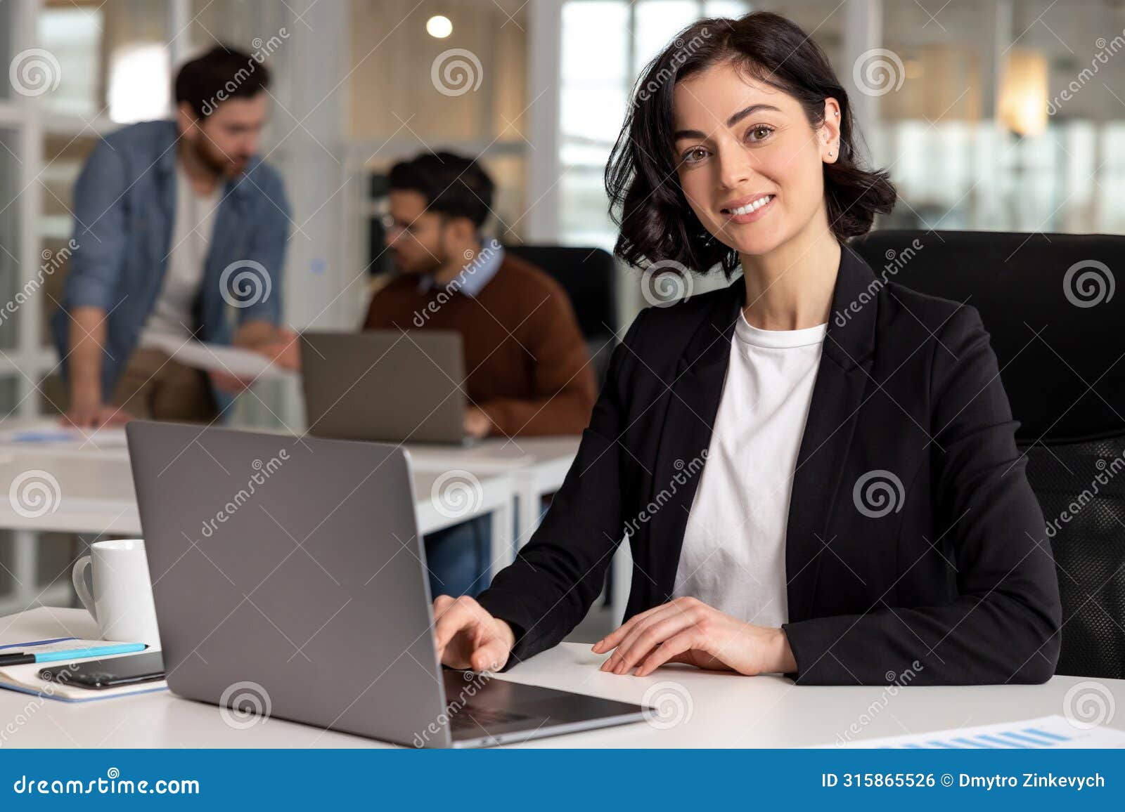 Office Employee Working on Computer in Modern Coworking Environment ...