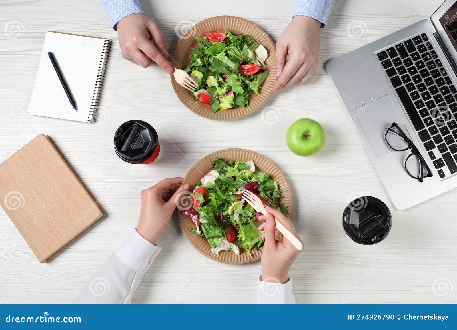 Office Employees Having Business Lunch at Workplace, Top View Stock ...