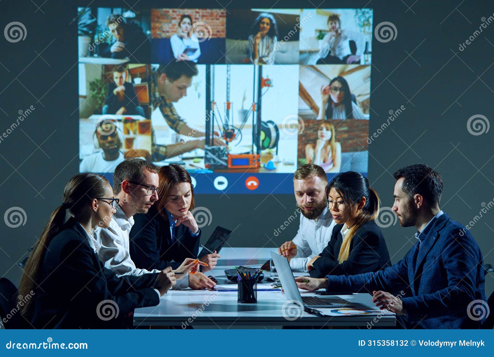 Office Employees Join Video Call from Boardroom, Sharing Information ...