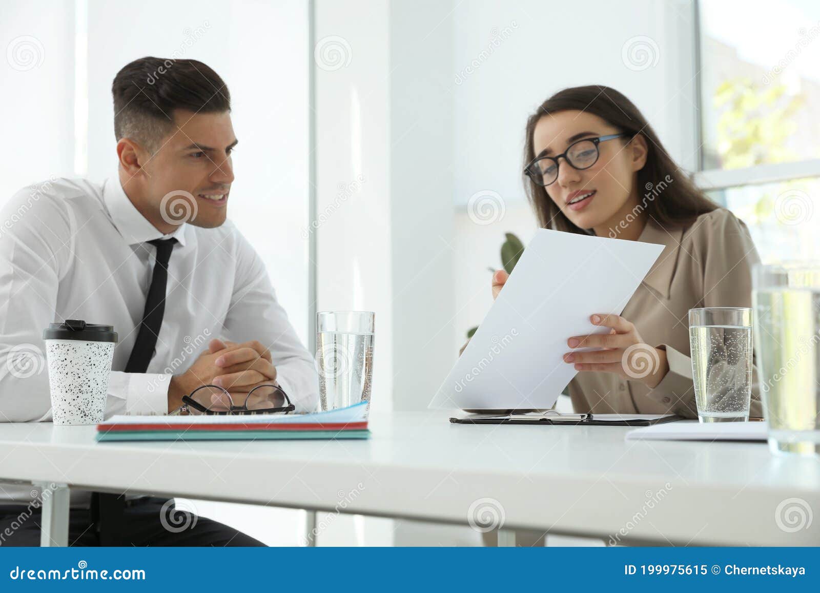 Office Employees Talking at Table during Meeting Stock Image - Image of ...