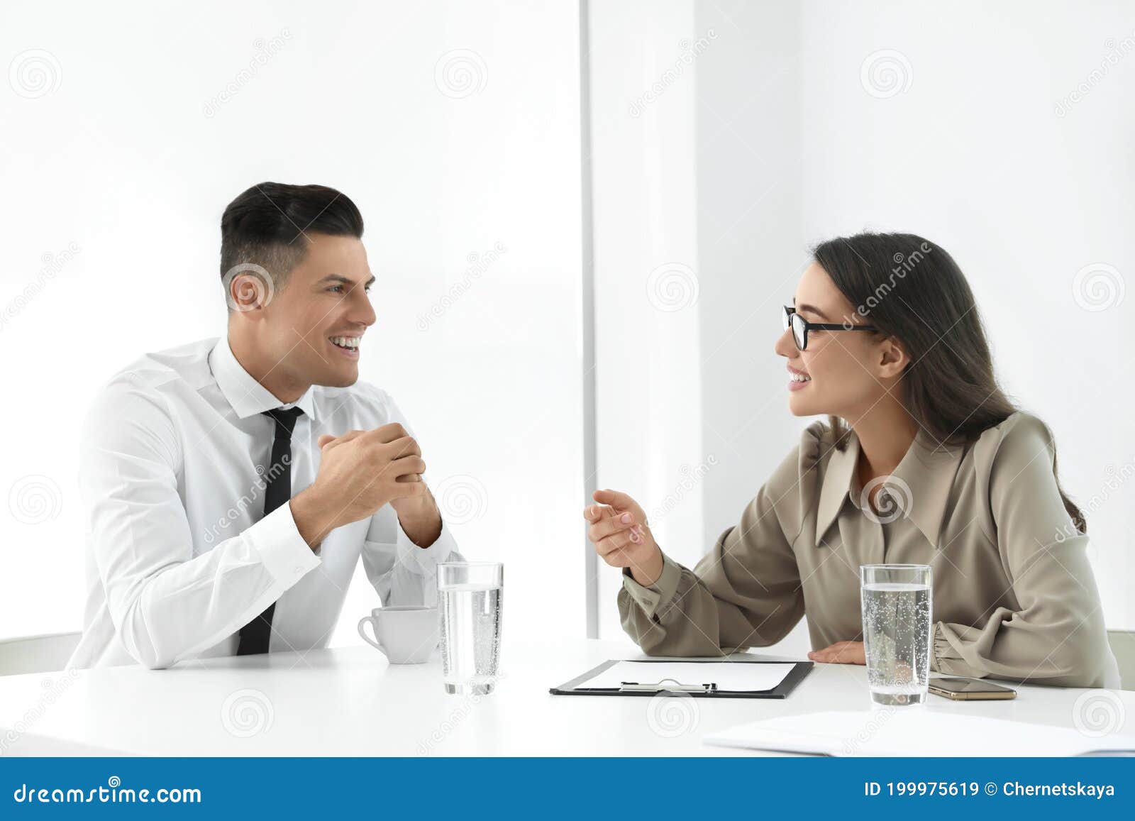 Office Employees Talking at Table during Meeting Stock Image - Image of ...
