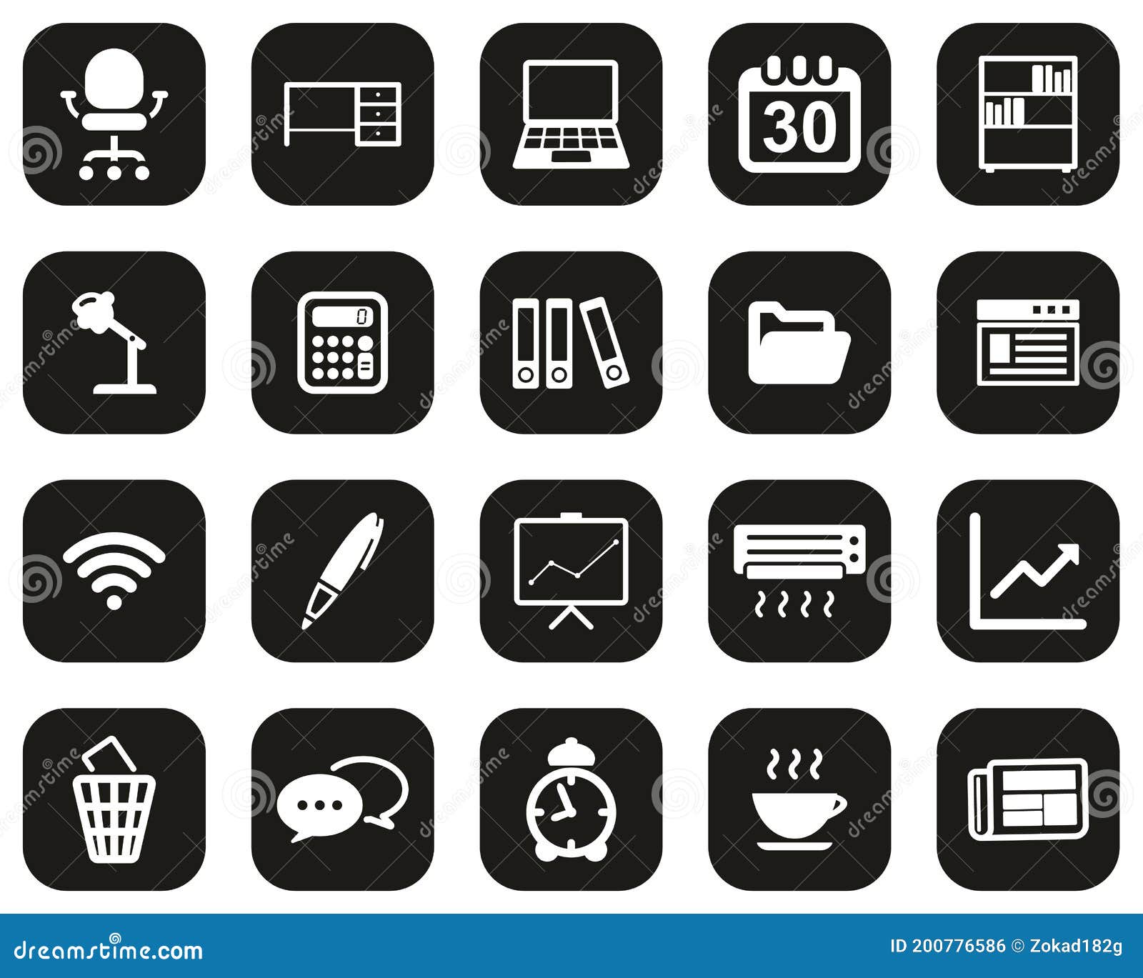 Office & Office Equipment Icons White on Black Flat Design Set Big ...