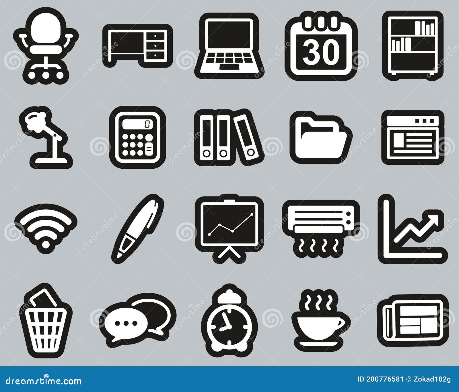 Office & Office Equipment Icons White on Black Sticker Set Big Stock ...