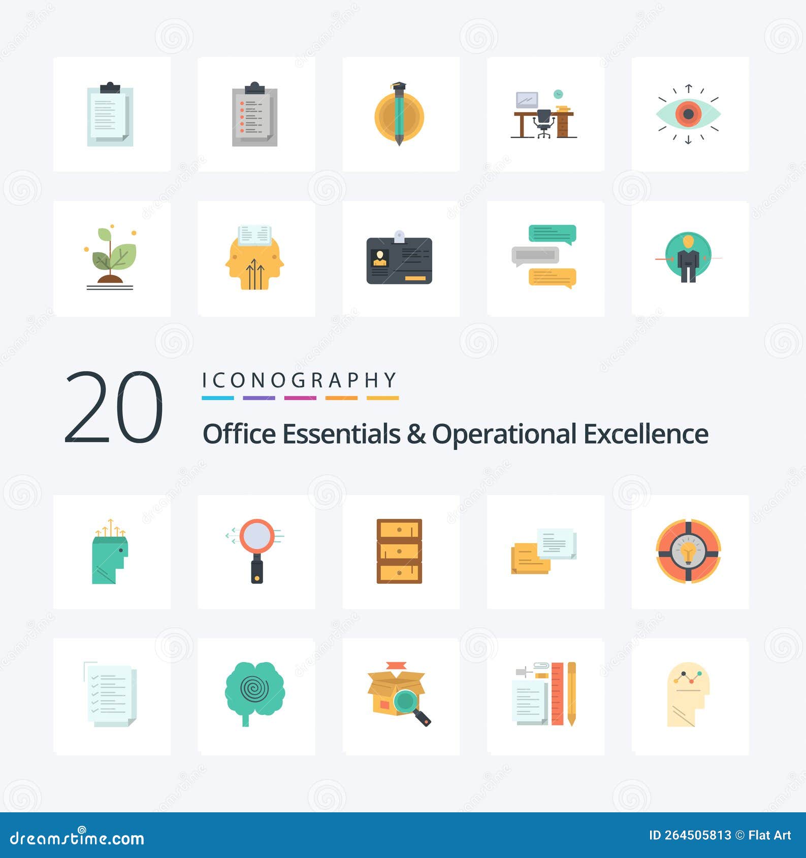 20 Office Essentials and Operational Exellence Flat Color Icon Pack ...