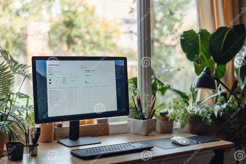 This Office Features an Adjustable Height Desk, a Computer Screen, and ...