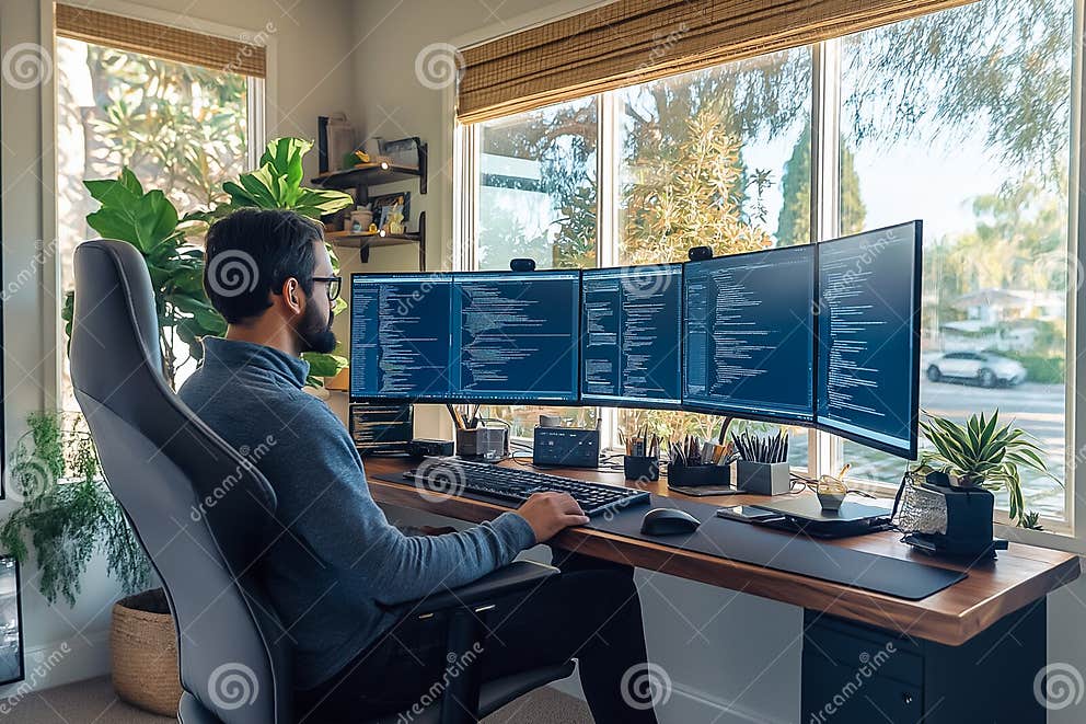 The Office Features a Man Focused on Coding while Surrounded by Plants ...