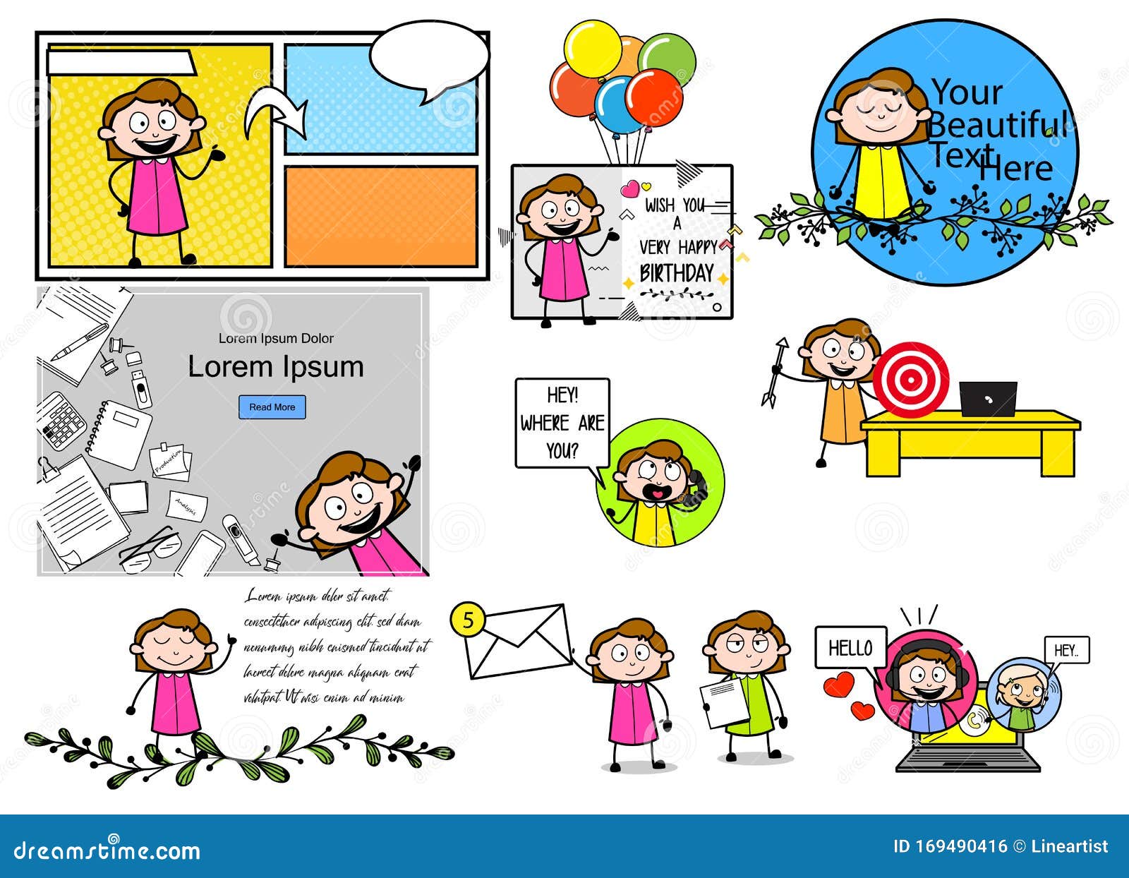 Office Female Executive - Set of Retro Comic Concepts Vector ...