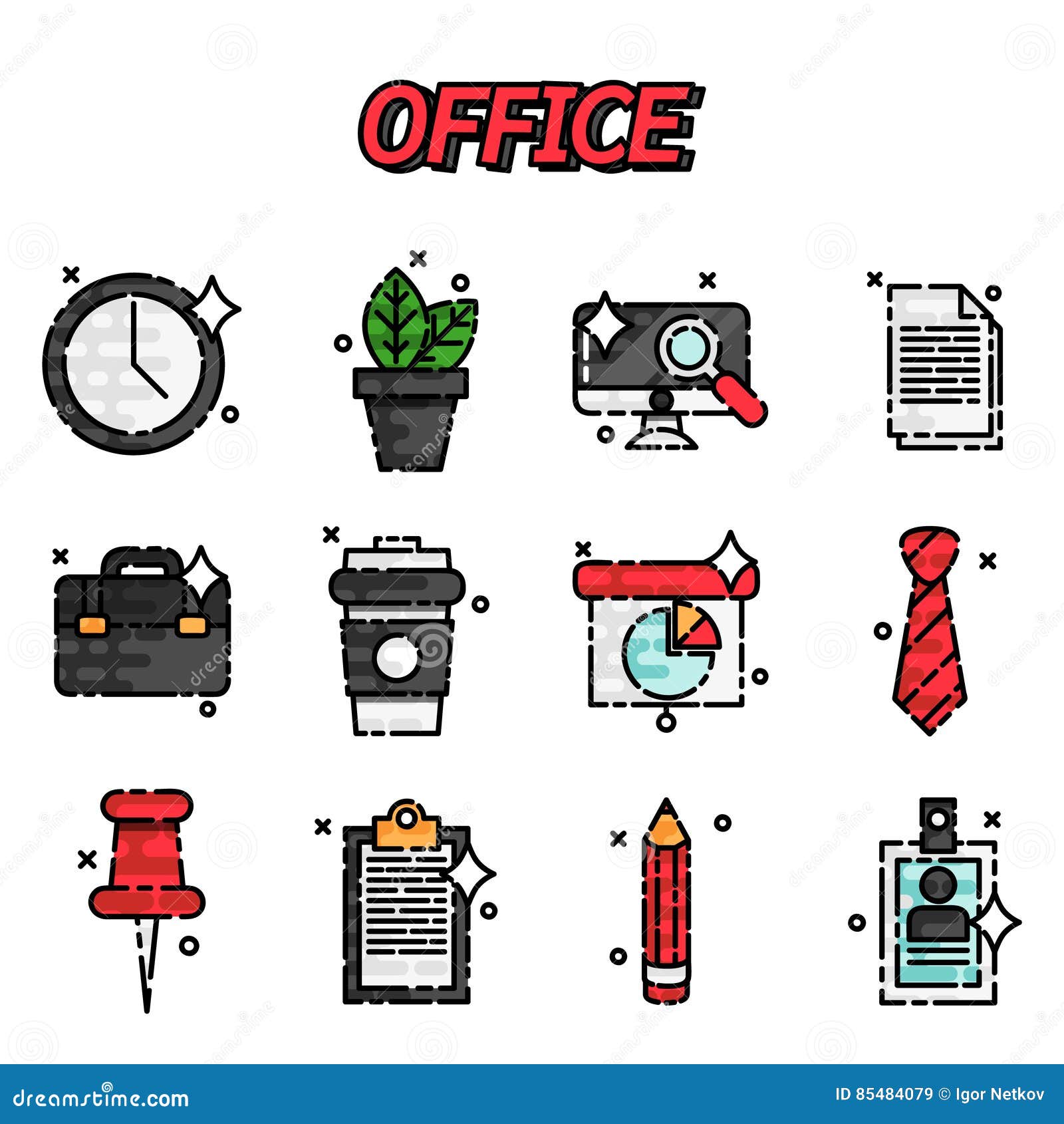 Office flat icons set stock vector. Illustration of hourglass - 85484079