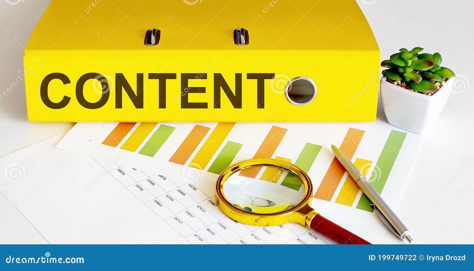 Office Folder with Text CONTENT with Charts, Magnifier and Pen Stock ...