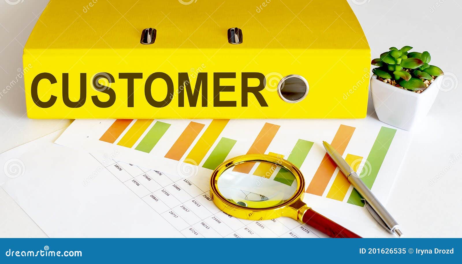 Office Folder with Text CUSTOMER with Charts, Magnifier and Pen Stock ...