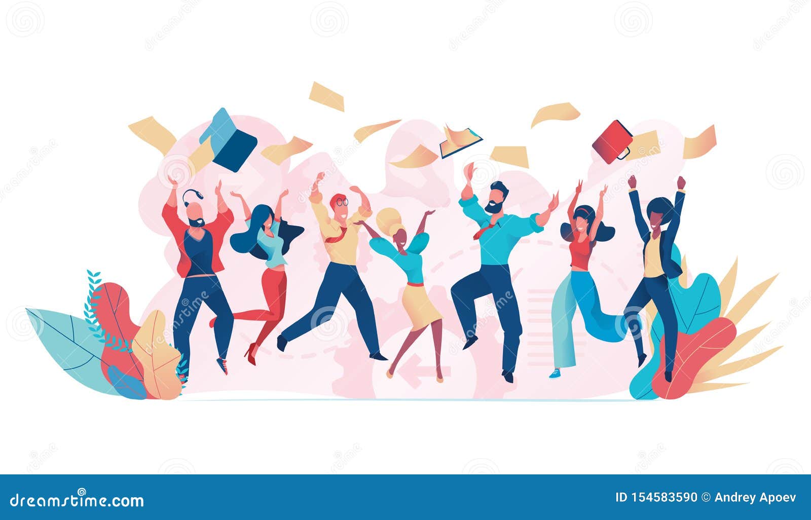 Office Fun. Happy Office Workers Jumping Up Stock Vector - Illustration ...