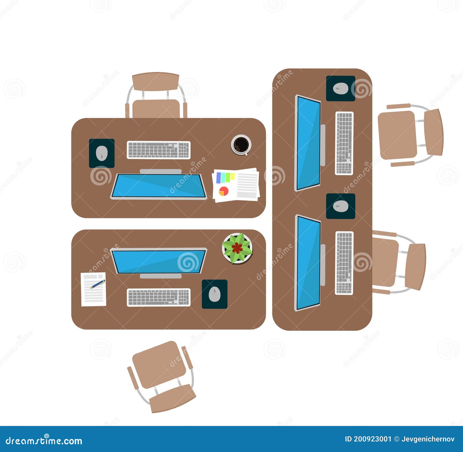 Office Furniture and Desktop Computers Top View Flat Style Stock Vector ...