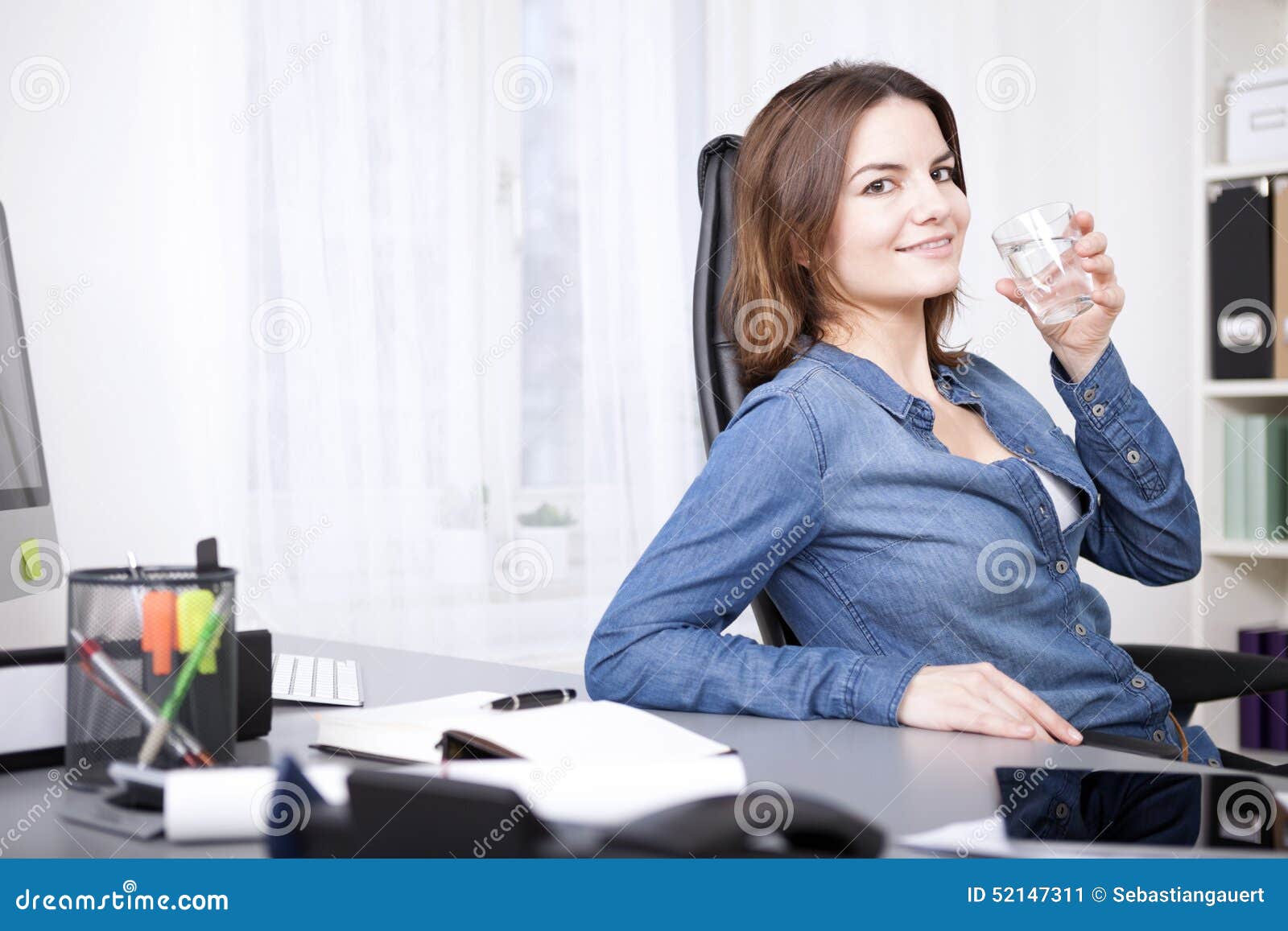 Office Girl At Her Desk Holding A Glass Of Water Stock Image Image Of Glass Relax 52147311