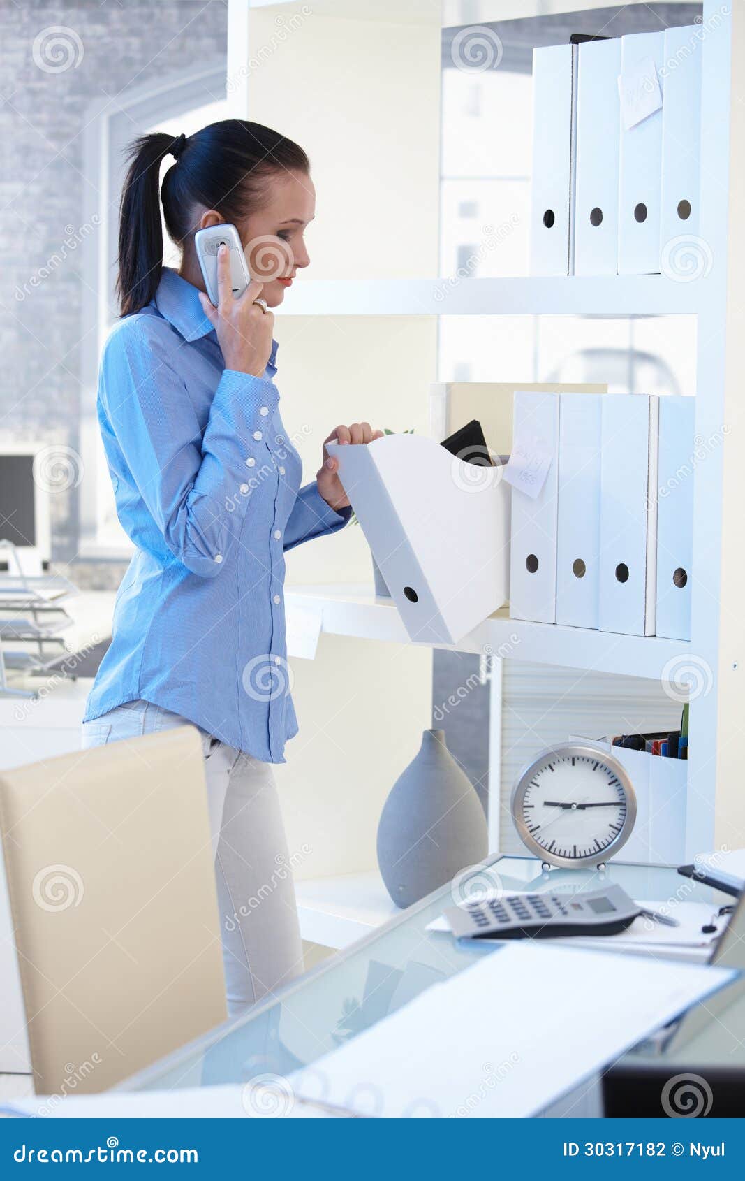 Office Girl on Phone Call Checking Folders Stock Photo - Image of ...