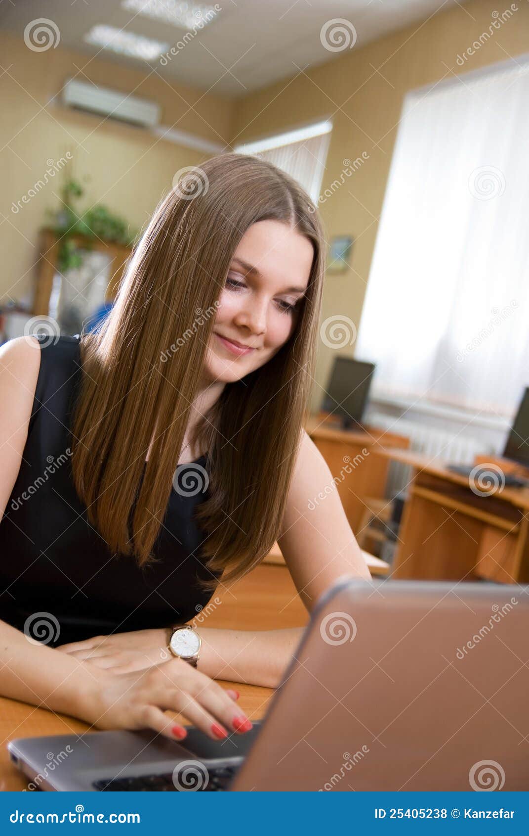 Office Girl Working on Laptop Computer at Desk Stock Photo - Image of ...