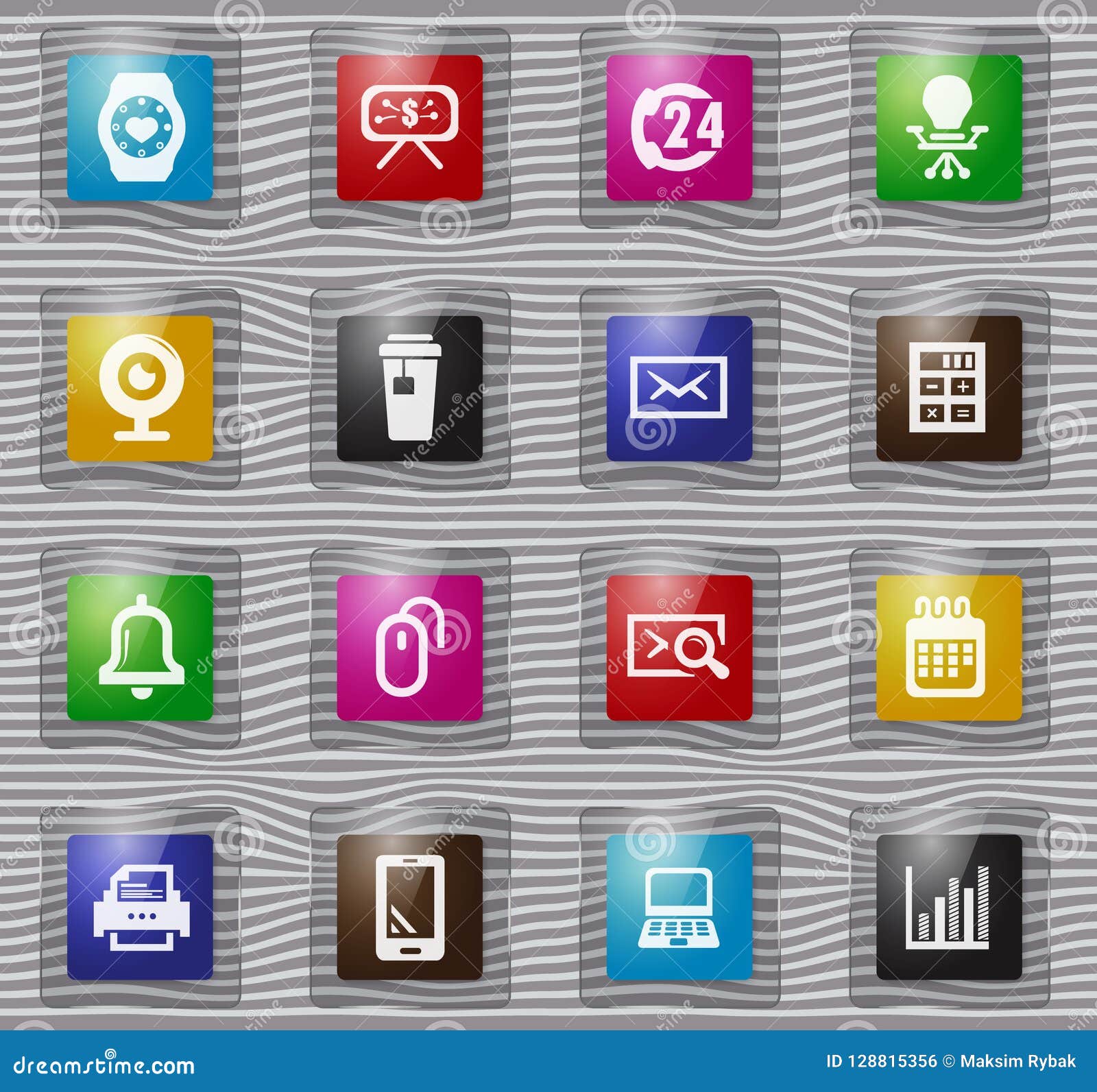 Office glass icons set stock vector. Illustration of letters - 128815356