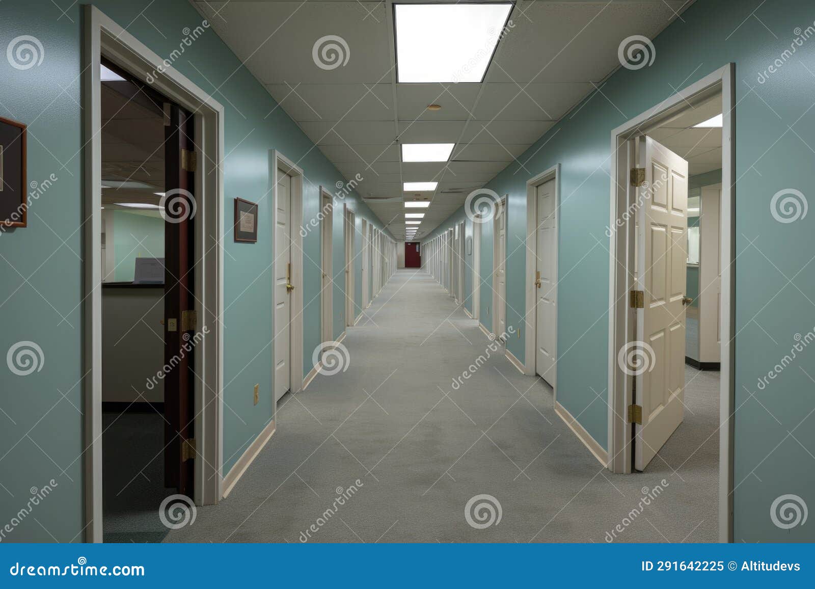 Office Hallway with Doors Labelled Interview Rooms Stock Image - Image ...