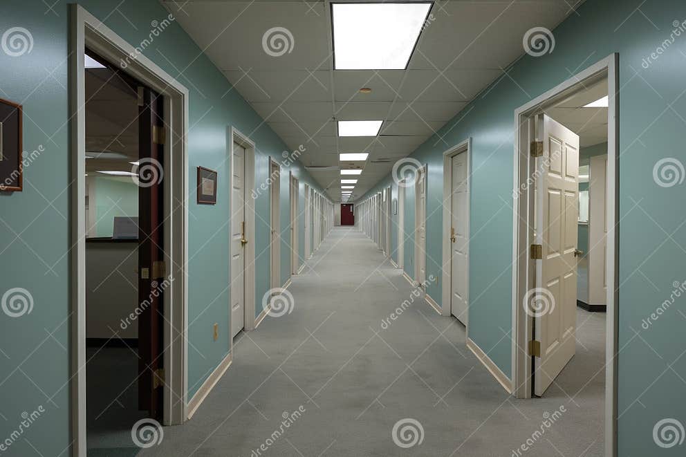 Office Hallway with Doors Labelled Interview Rooms Stock Image - Image ...