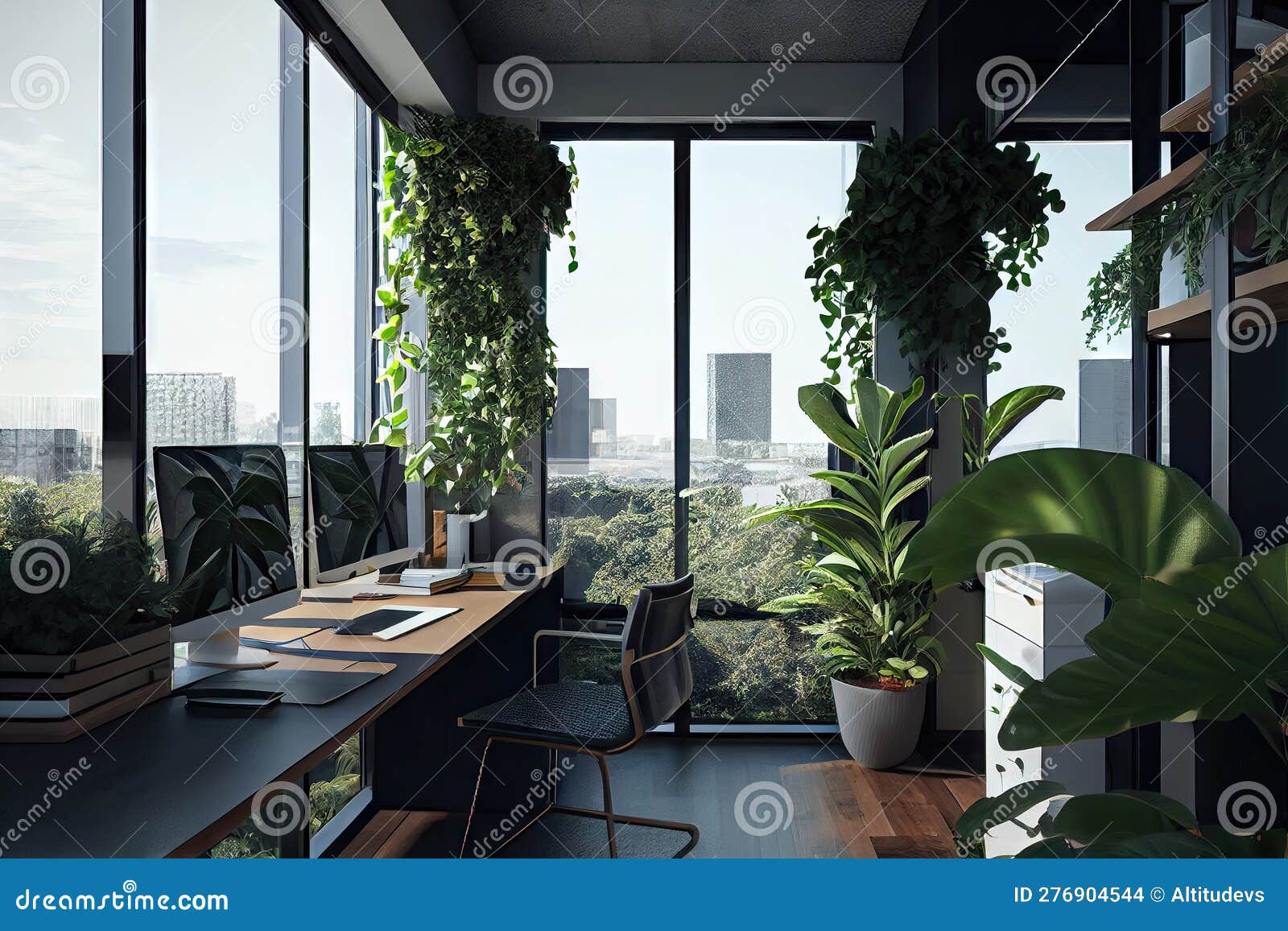 Office with Hanging Plants and Windows with Views of Greenery Stock ...
