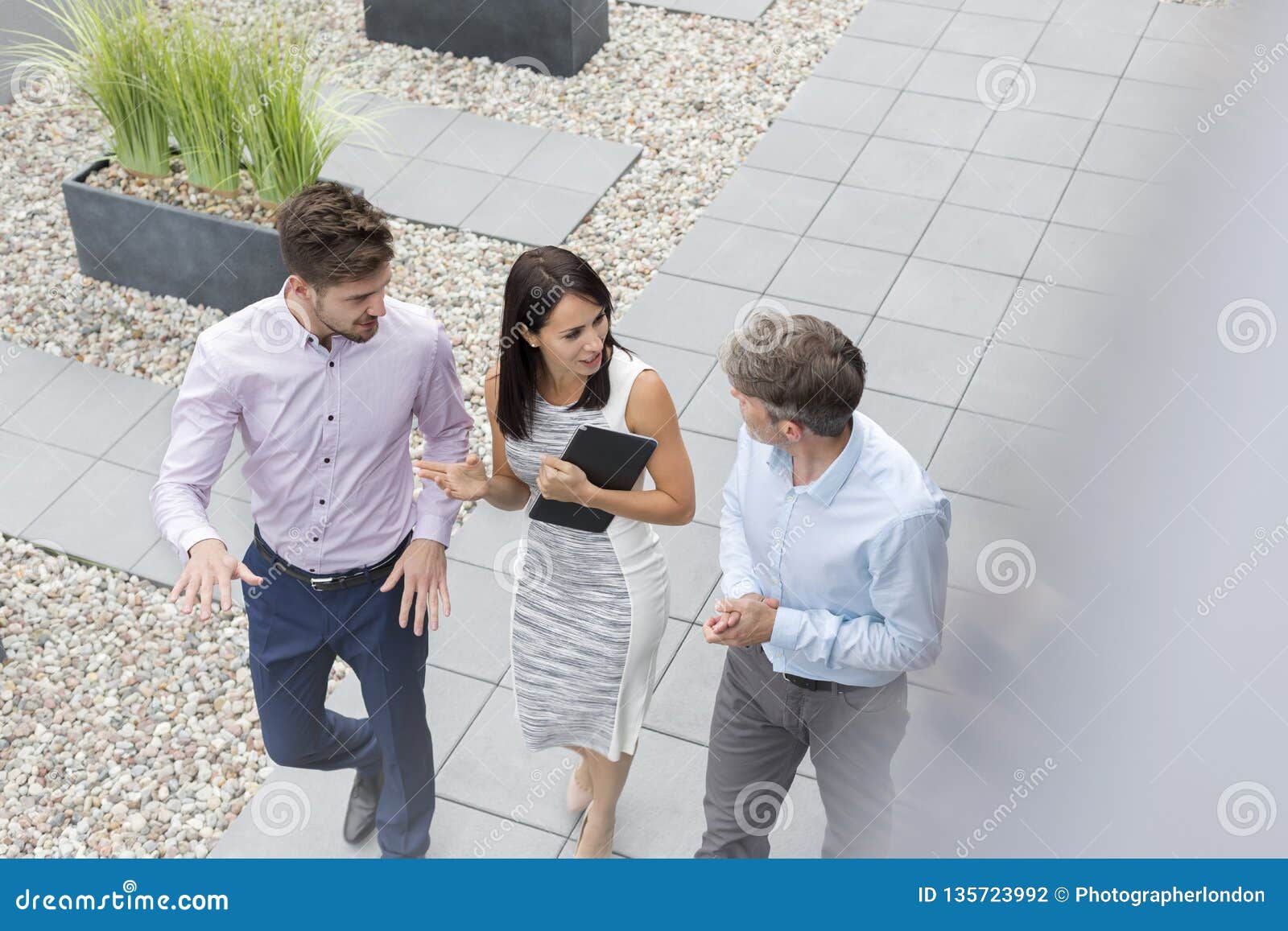 High Angle View of Professionals Discussing while Walking at Office ...