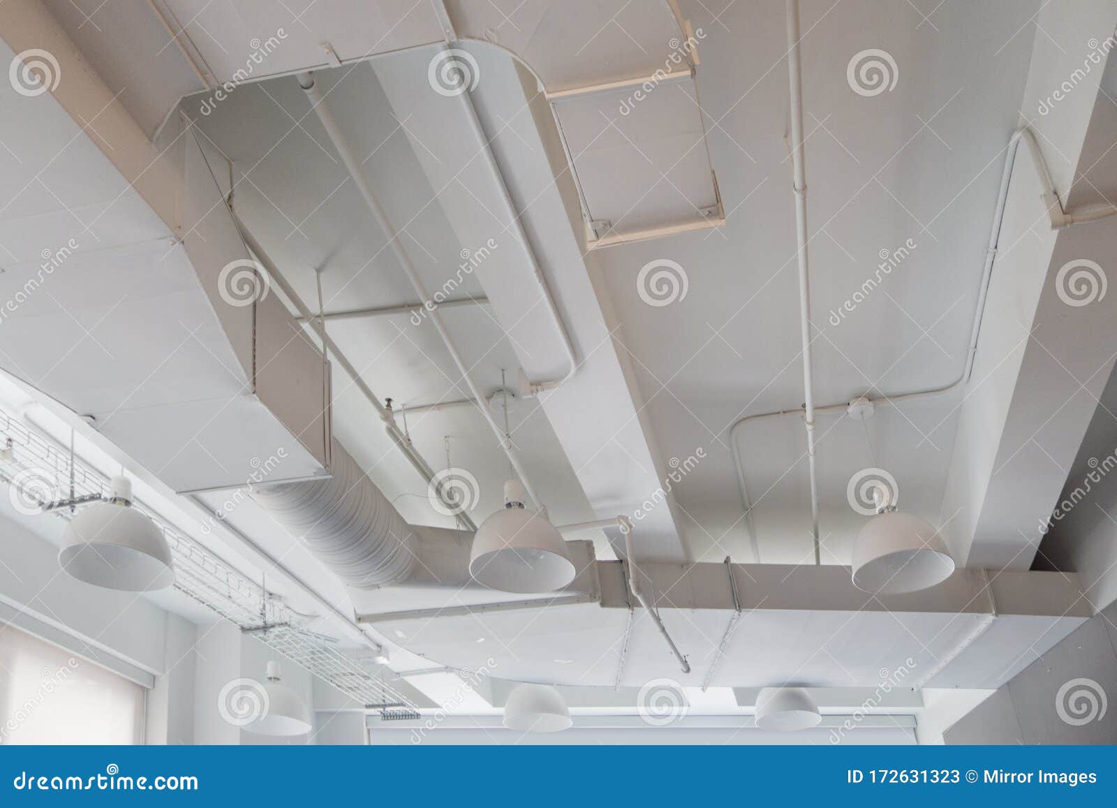 Office High Ceiling Wiith Duck HVAC Network and Piping and Wifi Cables ...