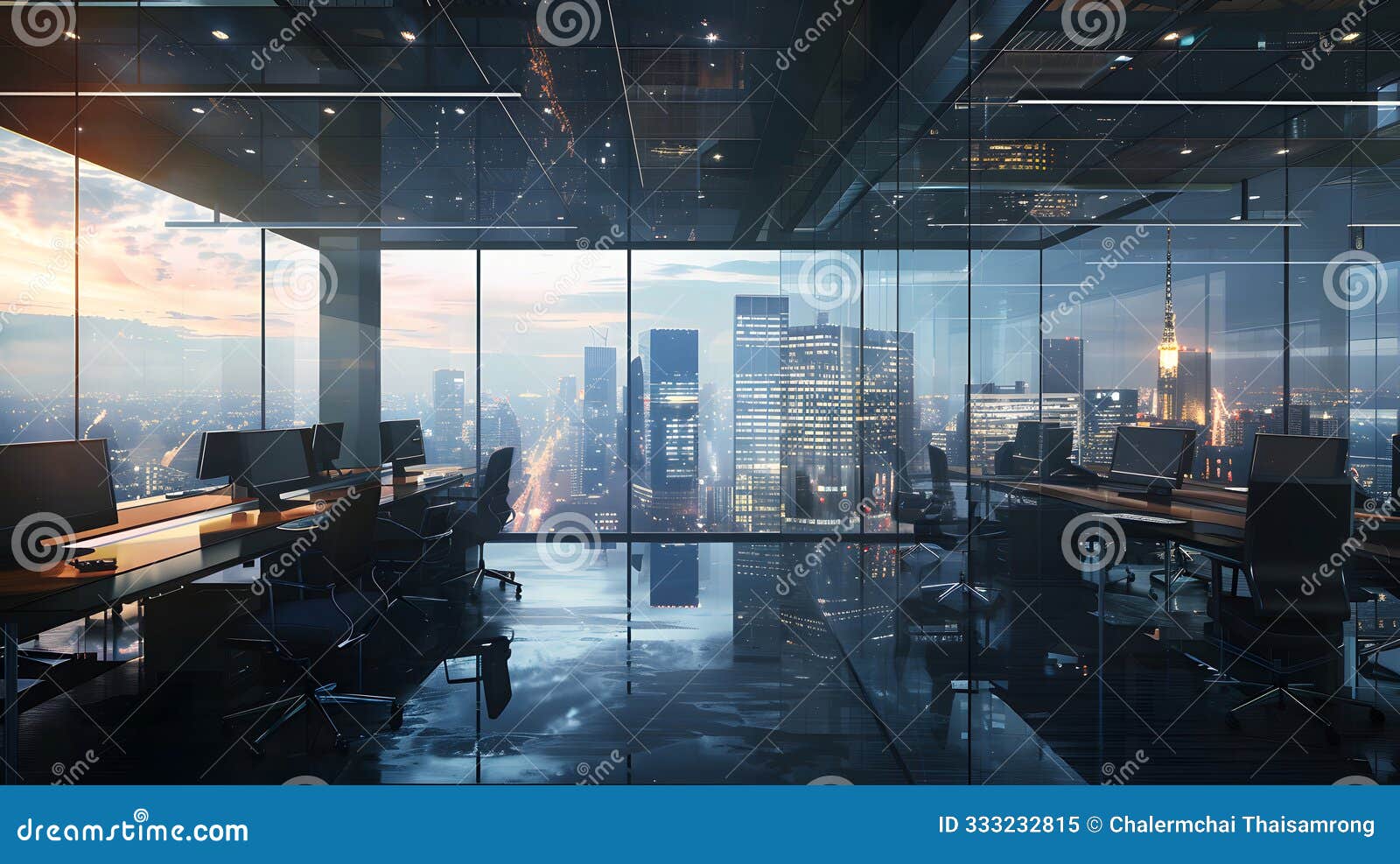 An Office in a High-rise Building Overlooking a Skyscraper View by ...