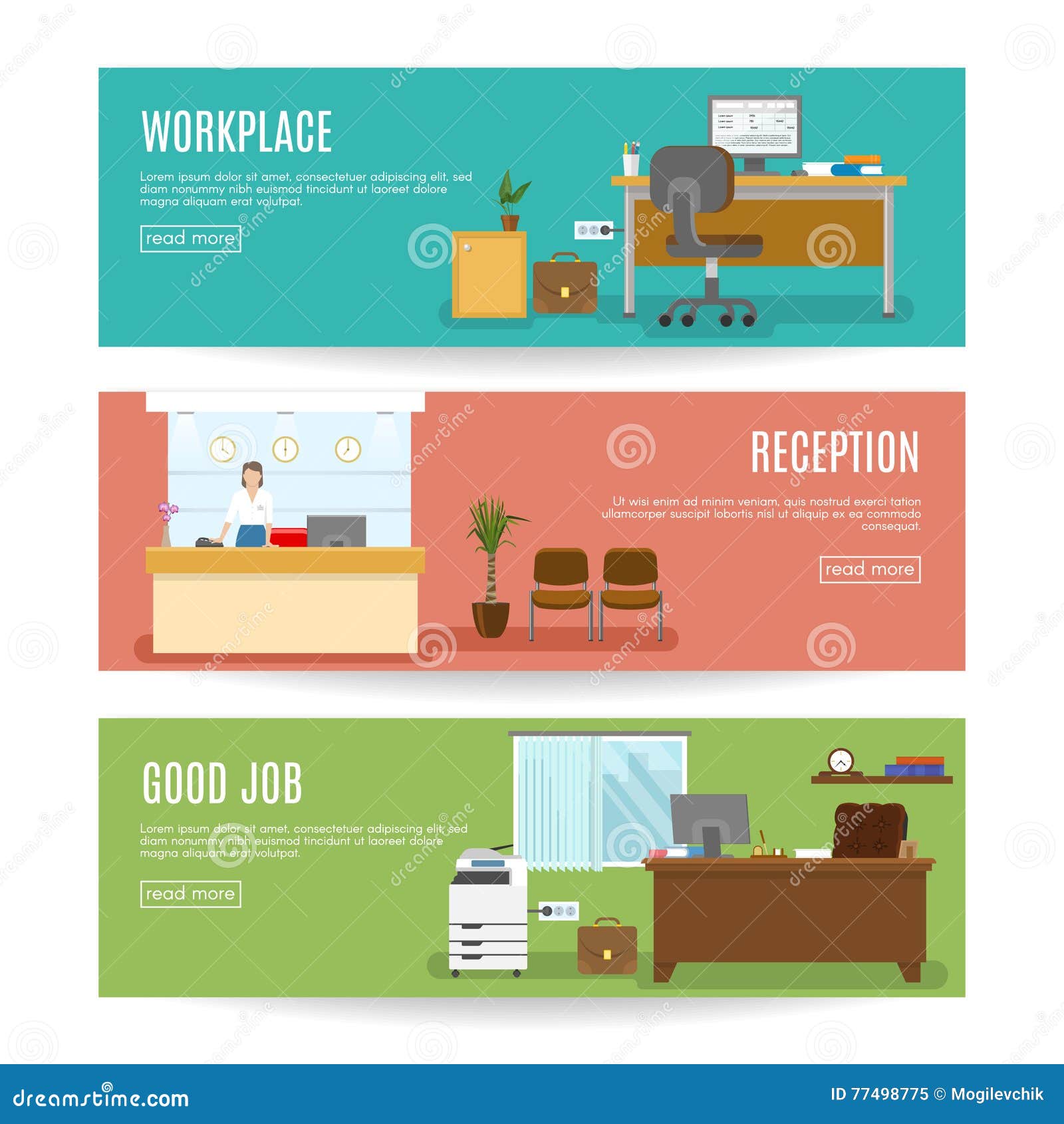 Office Horizontal Banners Set Stock Vector - Illustration of indoor ...