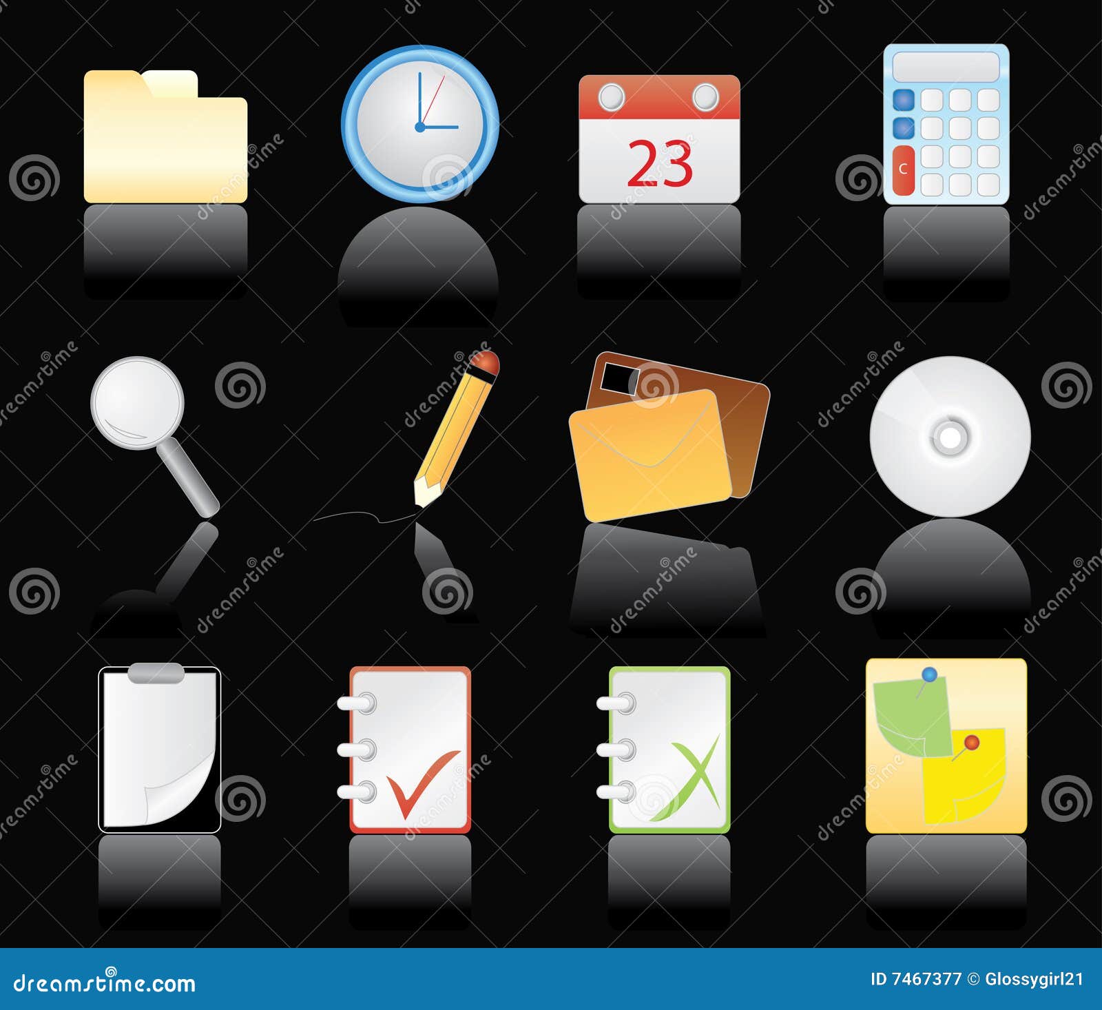 Office Icons - Black Background Stock Vector - Illustration of note ...