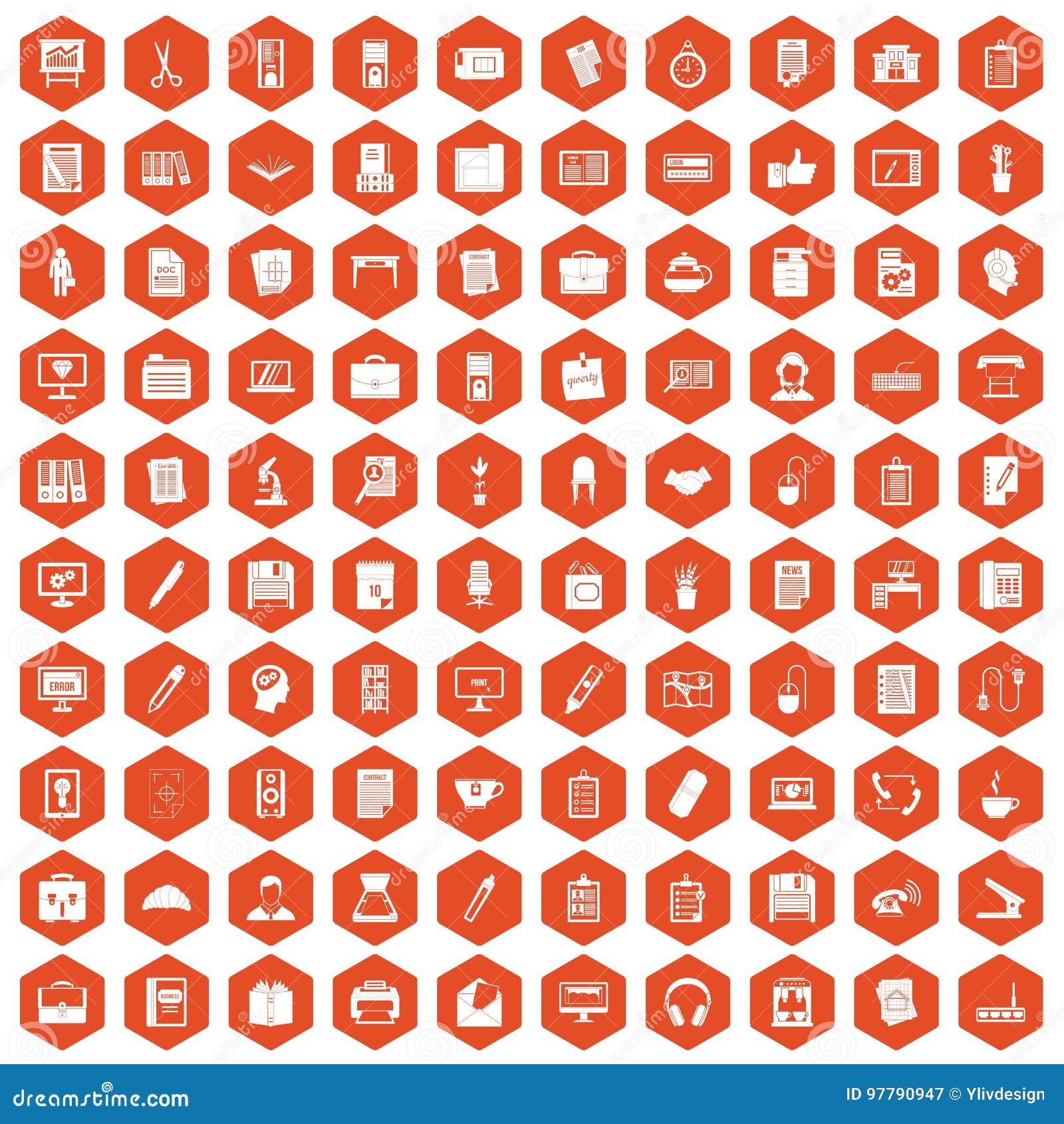 100 Office Icons Hexagon Orange Stock Vector - Illustration of calendar ...
